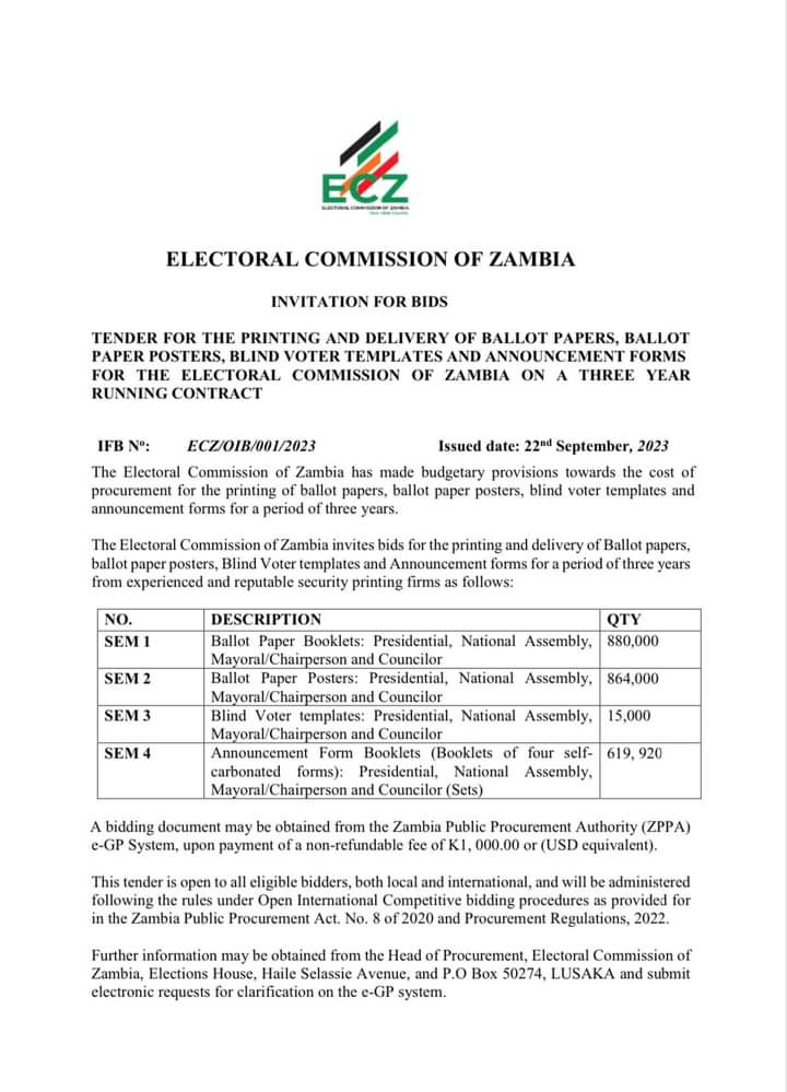 ECZ ISSUES A TENDER FOR BALLOT PAPERS..