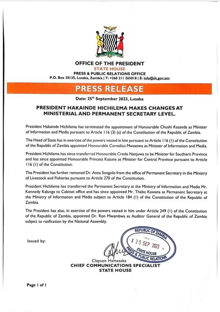 President Hichilema Fires Kasanda, Mweetwa Takes over.